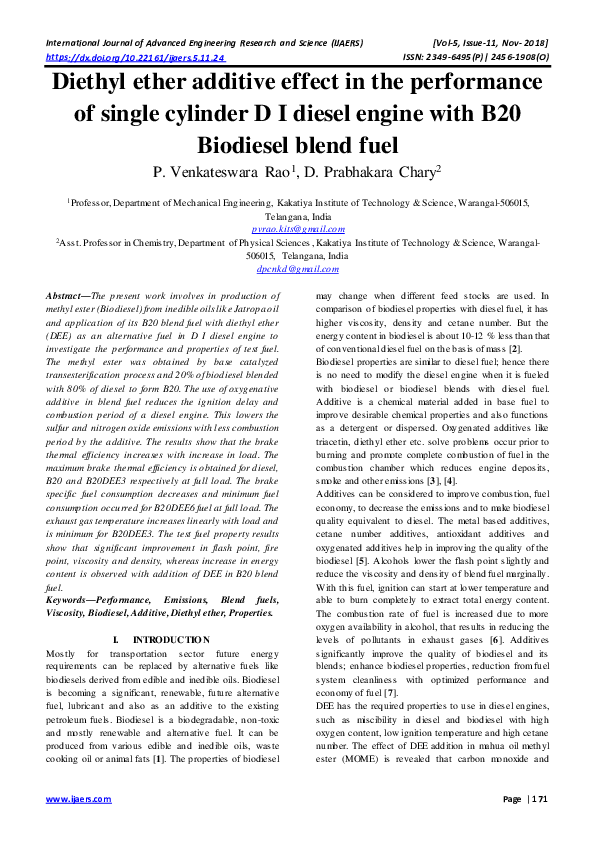 Pdf Diethyl Ether Additive Effect In The Performance Of Single