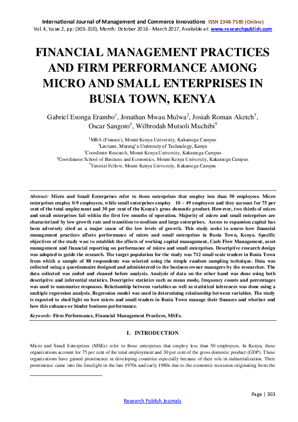 (PDF) FINANCIAL MANAGEMENT PRACTICES AND FIRM PERFORMANCE AMONG MICRO AND SMALL ENTERPRISES IN ...