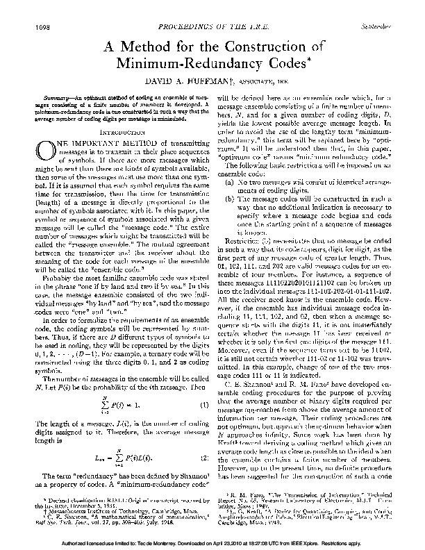 Pdf A Method For The Construction Of Minimum Redundancy Codes