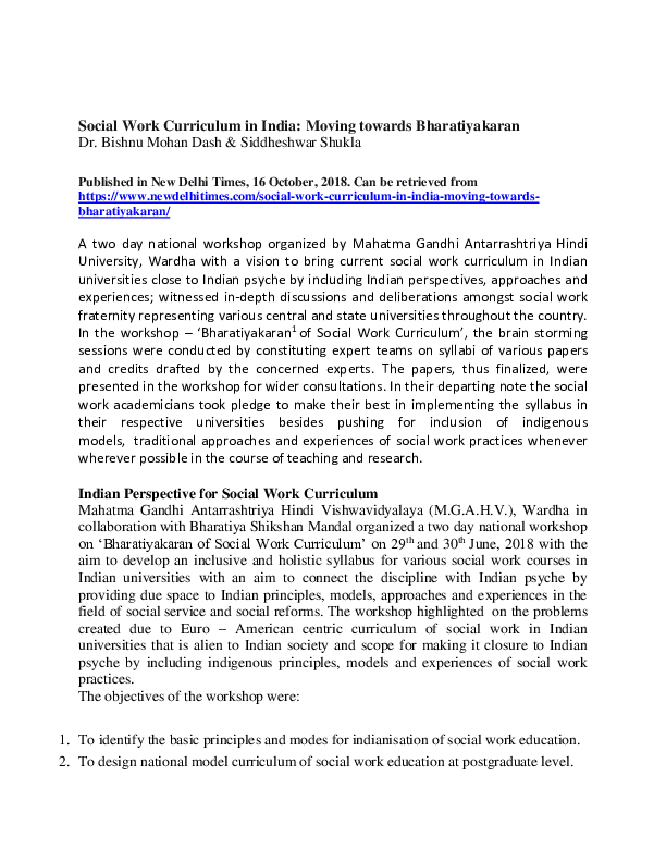 (DOC) Social Work Curriculum in India: Moving towards Bharatiyakaran