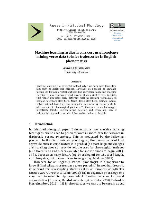 (PDF) Machine learning in diachronic corpus phonology: mining verse ...