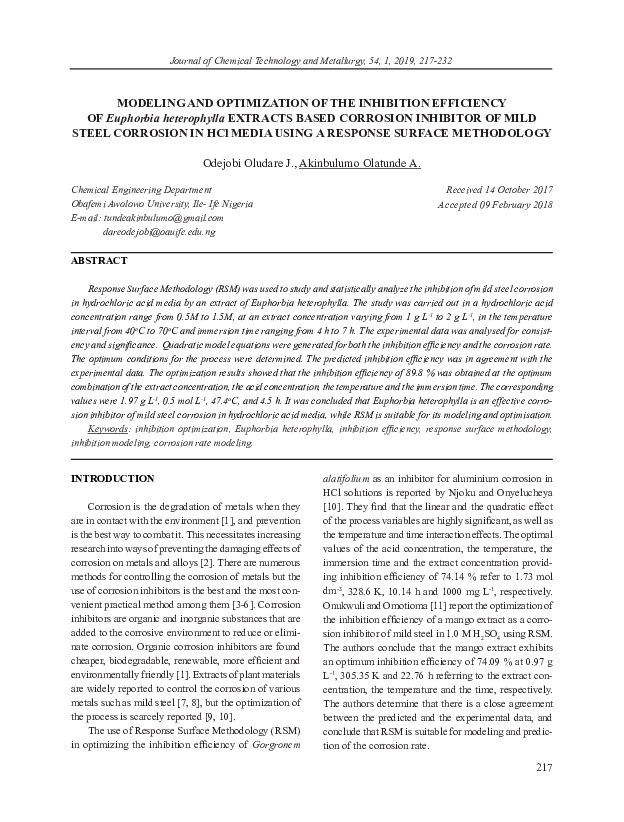 (PDF) Modeling and Optimization of the Inhibition Efficiency of Euphoria Heterophylla Based ...