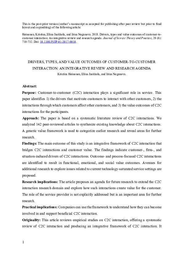 (PDF) DRIVERS, TYPES, AND VALUE OUTCOMES OF CUSTOMER-TO-CUSTOMER ...