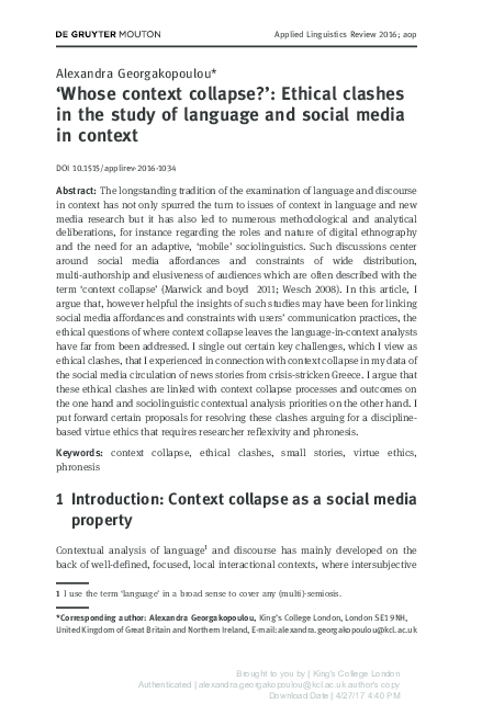 (PDF) ‘Whose context collapse?’: Ethical clashes in the study of ...