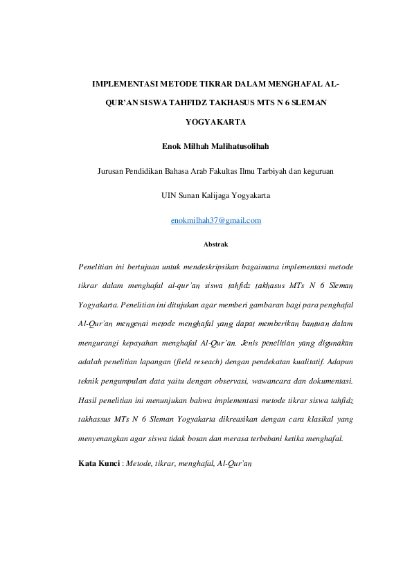 (PDF) IMPLEMENTASI METODE TIKRAR DALAM MENGHAFAL AL- QUR'AN SISWA TAHFIDZ TAKHASUS MTS N 6 ...