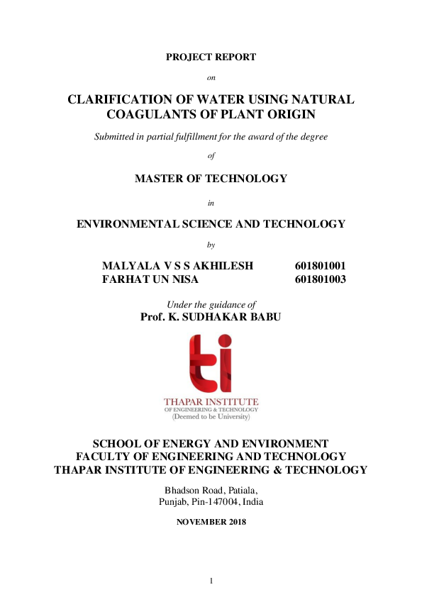 (PDF) PROJECT REPORT CLARIFICATION OF WATER USING NATURAL COAGULANTS OF ...