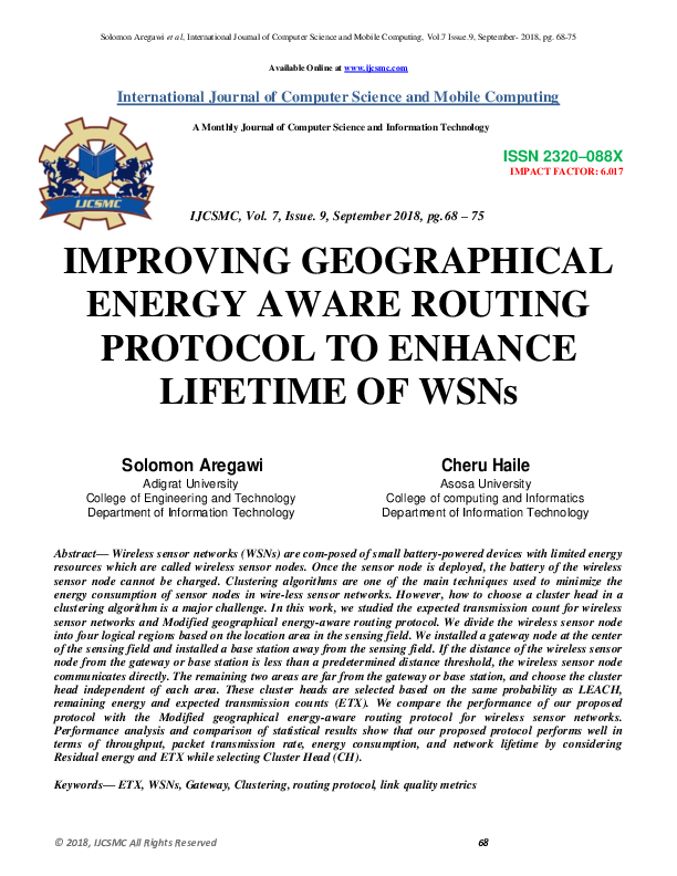 Pdf Improving Geographical Energy Aware Routing Protocol To Enhance