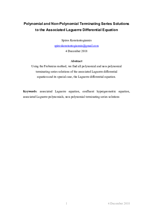 (PDF) Polynomial and Non-Polynomial Terminating Series Solutions to the ...