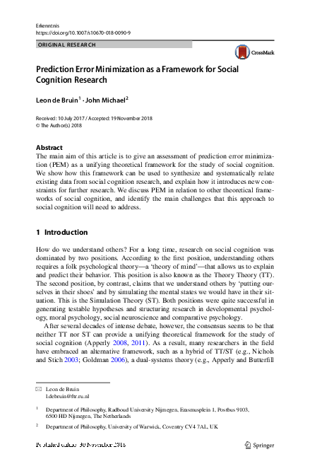 (PDF) Prediction Error Minimization as a Framework for Social Cognition Research