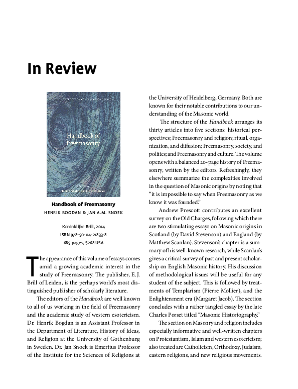 (PDF) Book review of Handbook of Freemasonry edited by Henrik Bogdan ...