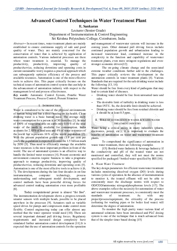 (PDF) Advanced Control Techniques in Water Treatment Plant | IJSRDV6I90182