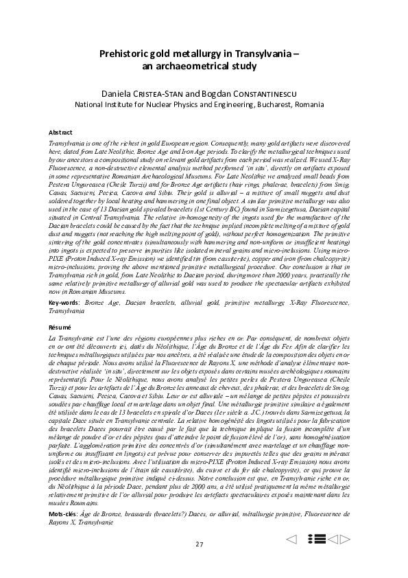 (PDF) Prehistoric gold metallurgy in Transylvania – an archaeometrical ...