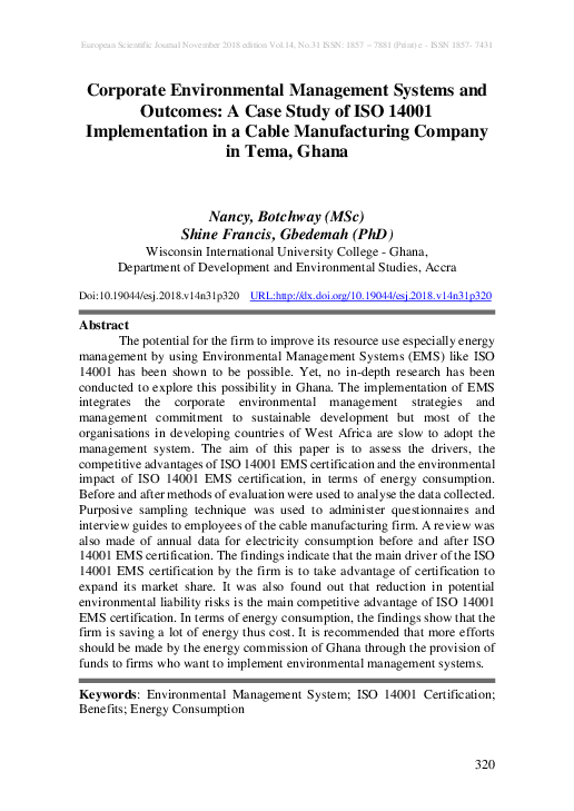 (PDF) Corporate Environmental Management Systems and Outcomes: A Case ...