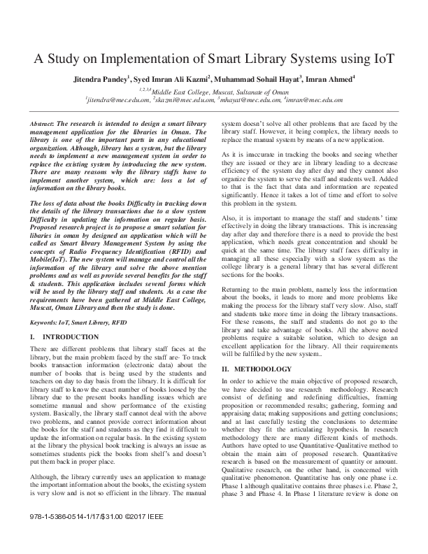 (PDF) A Study on Implementation of Smart Library Systems using IoT