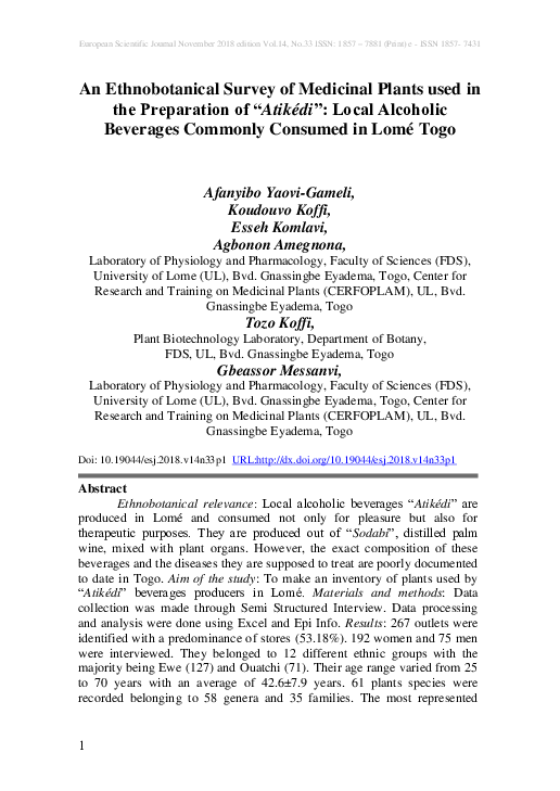 (PDF) An Ethnobotanical Survey of Medicinal Plants used in the Preparation of " Atikédi ...