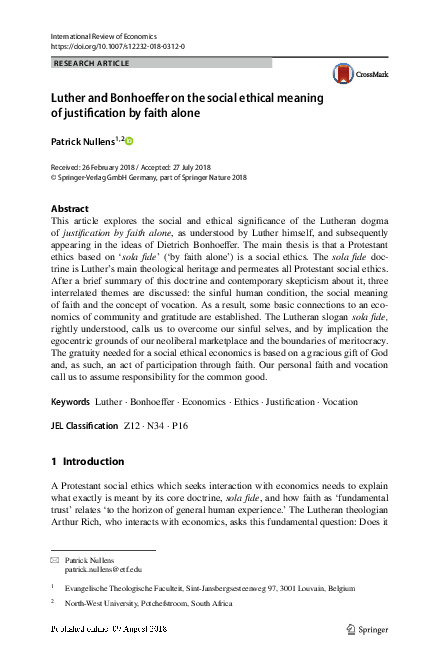 (PDF) Luther and Bonhoeffer on the social ethical meaning of justification by faith alone