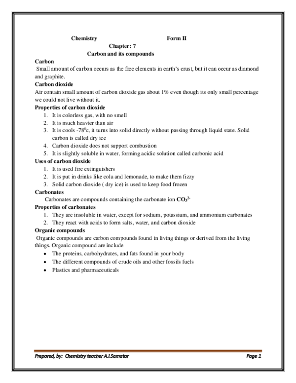 (DOC) Chemistry Form II Chapter: 7 Carbon and its compounds Carbon