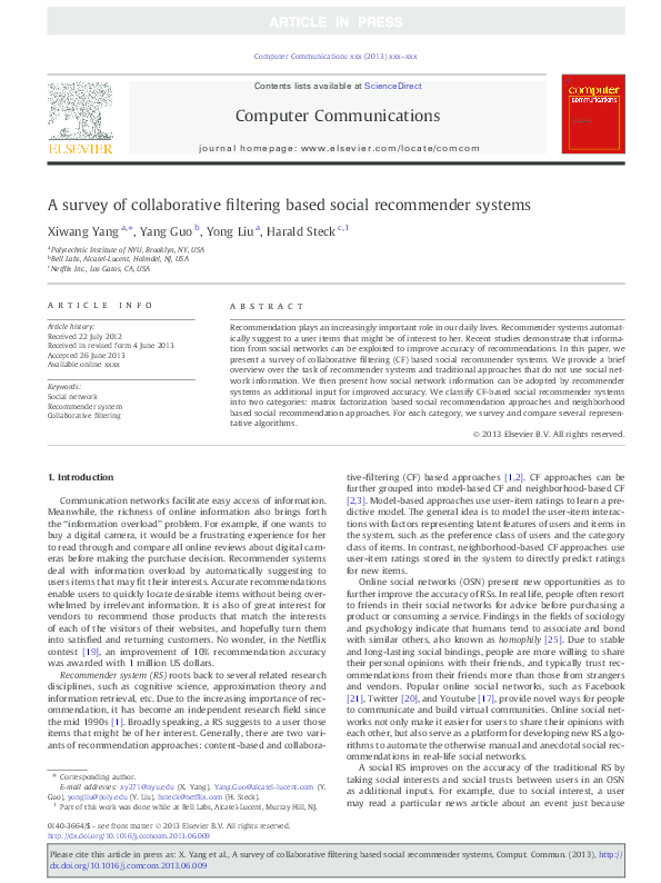 Pdf A Survey Of Collaborative Filtering Based Social Recommender Systems