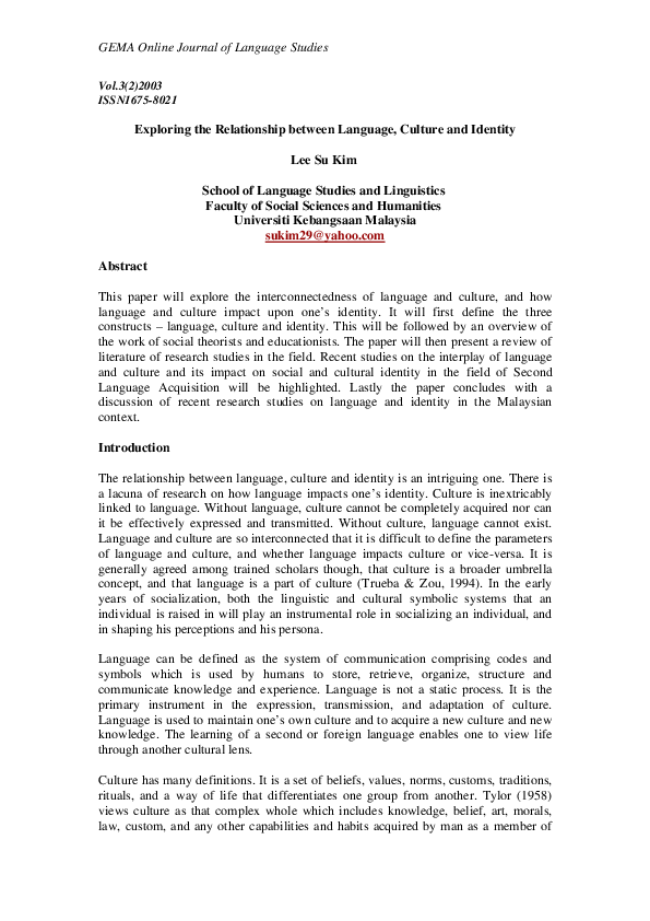 (PDF) Exploring the Relationship between Language, Culture and Identity