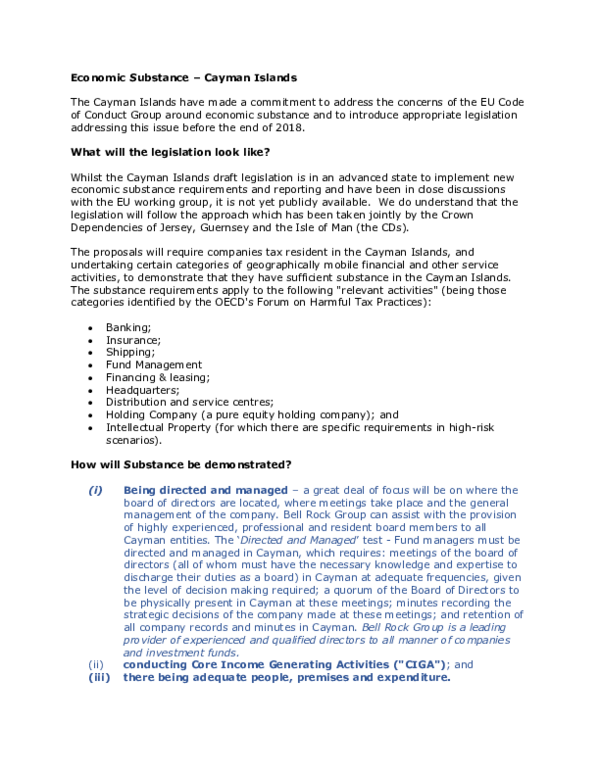 (DOC) Economic Substance for Cayman Entities - Proposed Measures
