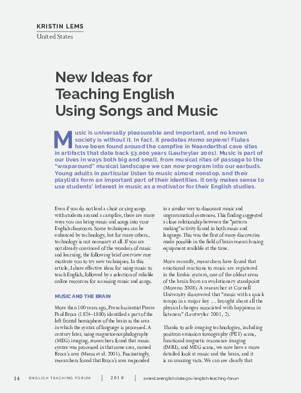 (PDF) New Ideas for Teaching English Using Songs and Music