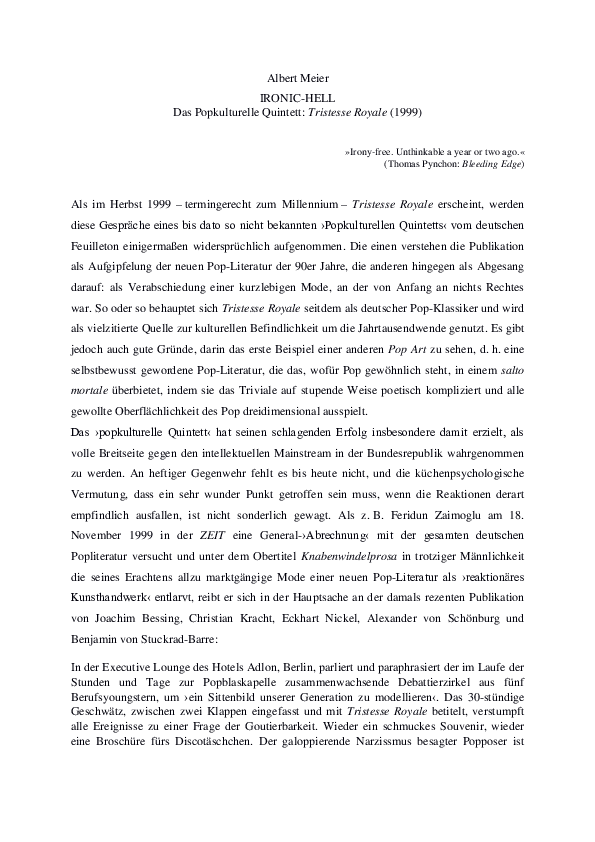 (DOC) IRONIC-HELL. Das Popkulturelle Quintett: Tristesse Royale (1999)