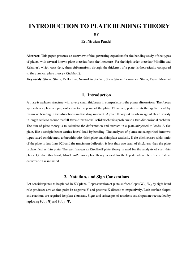 (PDF) INTRODUCTION TO PLATE BENDING THEORY