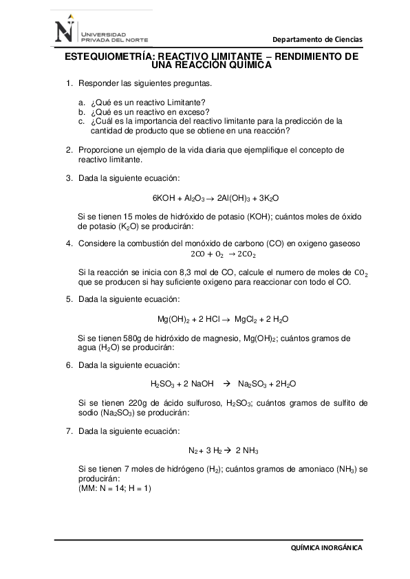 (PDF) Departamento de Ciencias ESTEQUIOMETRÍA: REACTIVO LIMITANTE – RENDIMIENTO DE UNA REACCIÓN ...