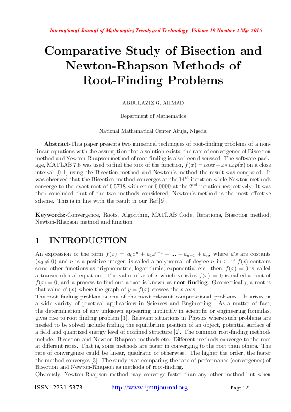 (PDF) Comparative Study of Bisection and Newton-Rhapson Methods of Root-Finding Problems