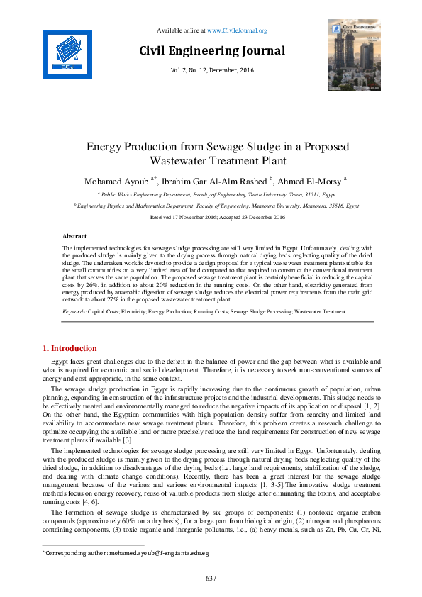 (PDF) Energy Production from Sewage Sludge in a Proposed Wastewater ...