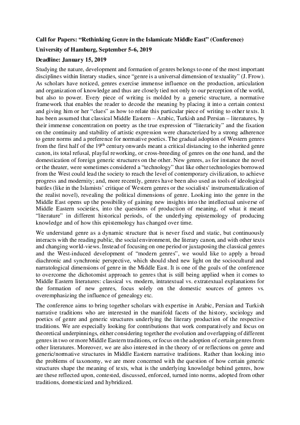 (PDF) CfP-Rethinking Genre in the Middle East, University of Hamburg ...