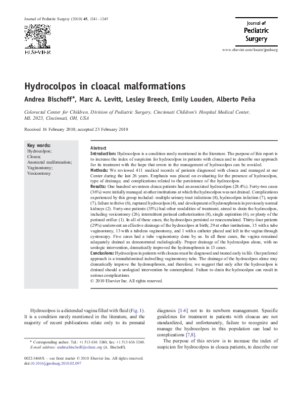 (PDF) Hydrocolpos in cloacal malformations