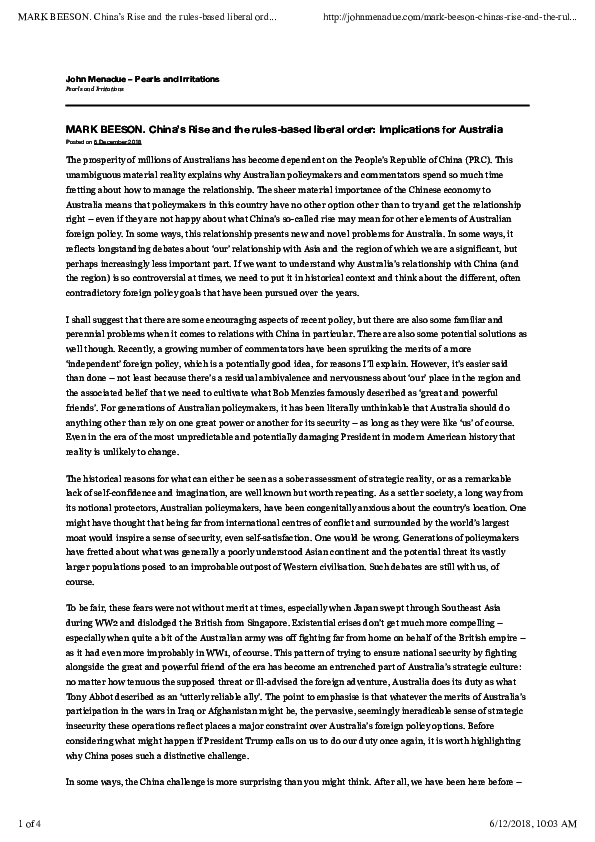 (PDF) China's Rise and the rules-based liberal order: Implications for ...