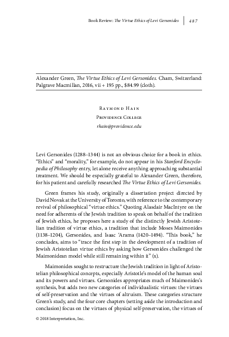 (PDF) Review of The Virtue Ethics of Levi Gersonides, Interpretation 44 ...