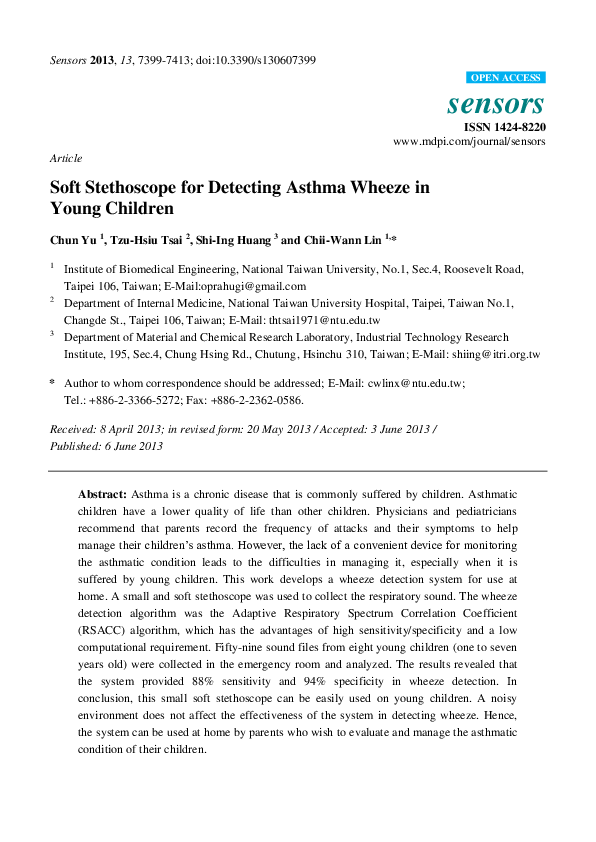 (PDF) Soft Stethoscope for Detecting Asthma Wheeze in Young Children