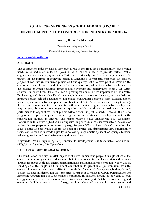 (PDF) VALUE ENGINEERING AS A TOOL FOR SUSTAINABLE DEVELOPMENT IN THE CONSTRUCTION INDUSTRY IN ...