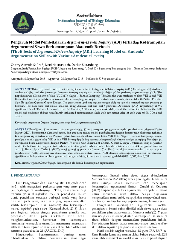 (PDF) Pengaruh Model Pembelajaran Argument-Driven Inquiry (ADI) terhadap Keterampilan ...