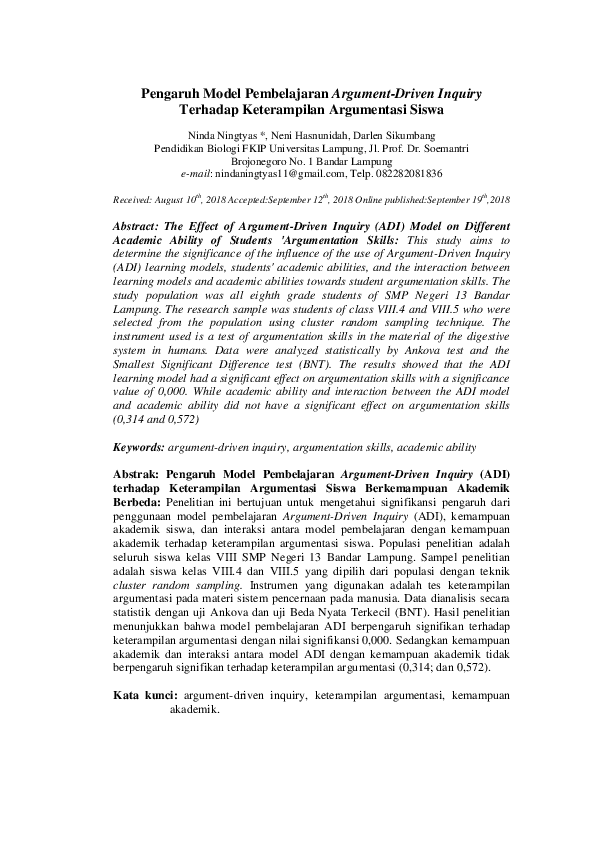 (PDF) Pengaruh Model Pembelajaran Argument-Driven Inquiry Terhadap Keterampilan Argumentasi Siswa