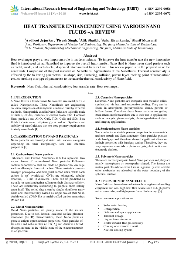 (PDF) HEAT TRANSFER ENHANCEMENT USING VARIOUS NANO FLUIDS –A REVIEW