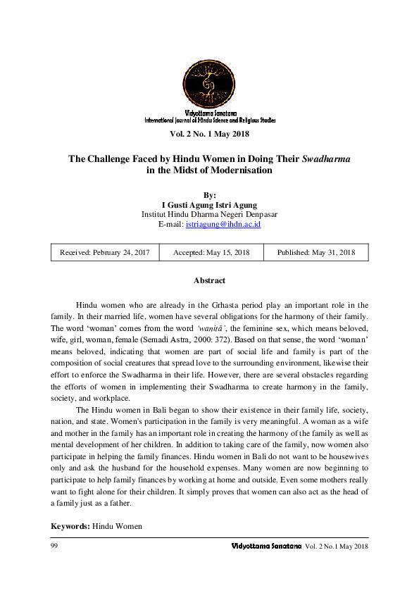 (PDF) The Challenge Faced by Hindu Women in Doing Their Swadharma in ...