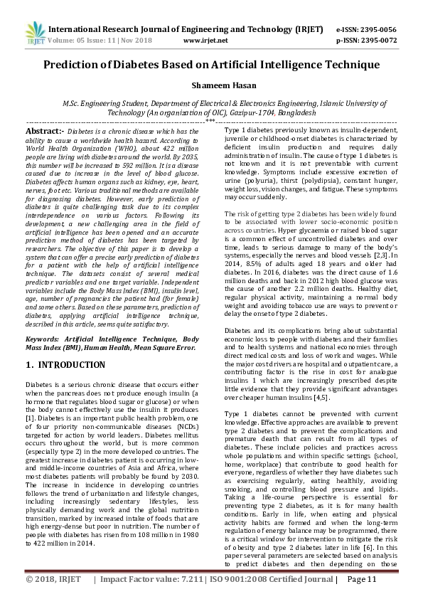 (PDF) IRJET- Prediction of Diabetes Based on Artificial Intelligence ...