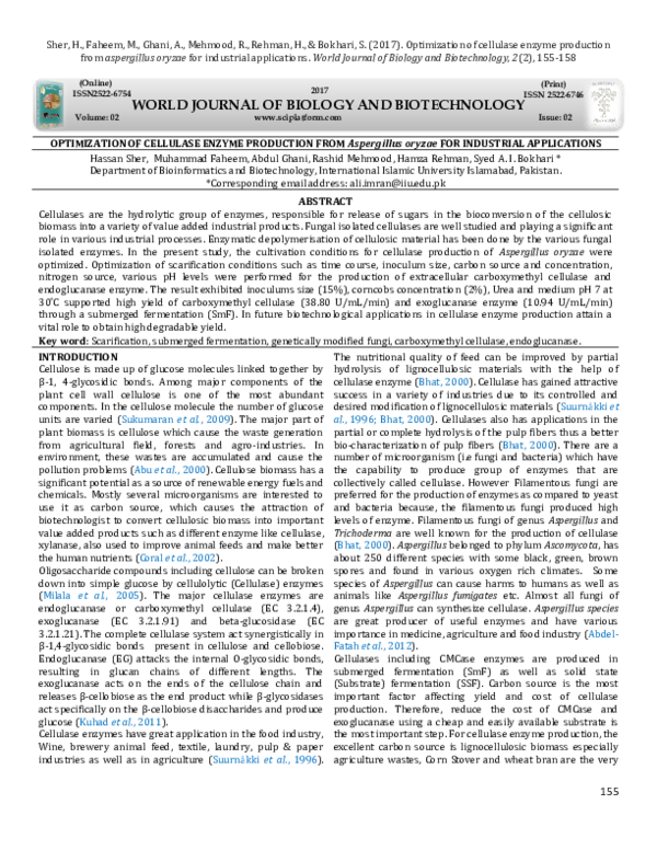 (PDF) OPTIMIZATION OF CELLULASE ENZYME PRODUCTION FROM ASPERGILLUS ORYZAE FOR INDUSTRIAL ...