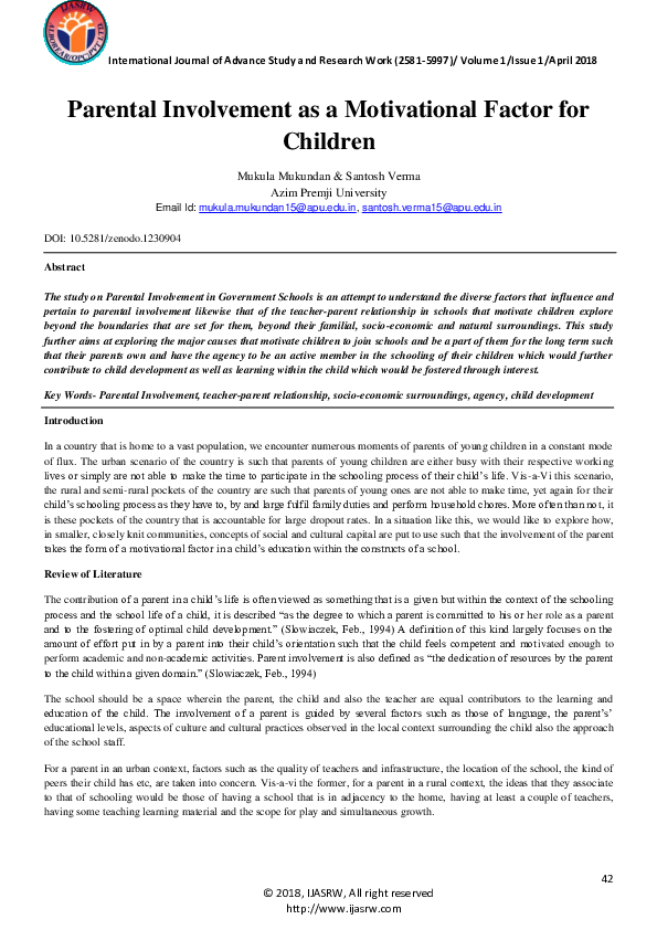 (PDF) Parental Involvement as a Motivational Factor for Children