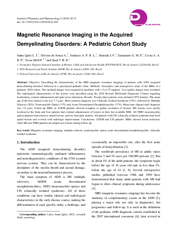 (PDF) Magnetic Resonance Imaging in the Acquired Demyelinating Disorders: A Pediatric Cohort Study