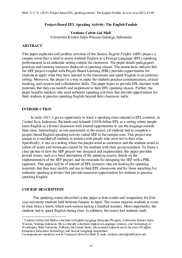 (PDF) Project-Based EFL Speaking Activity: The English Funfair