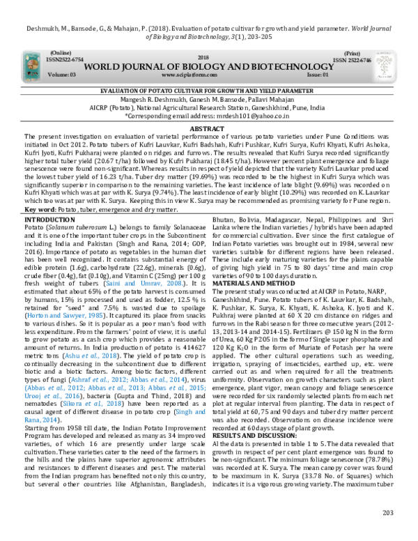 Pdf Evaluation Of Potato Cultivar For Growth And Yield Parameter