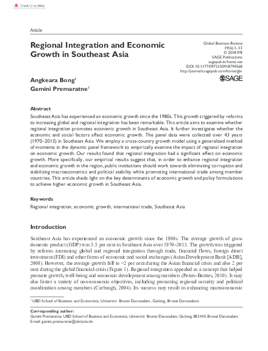 (PDF) Regional Integration and Economic Growth in Southeast Asia