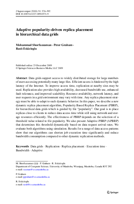 (PDF) Adaptive popularity-driven replica placement in hierarchical data grids