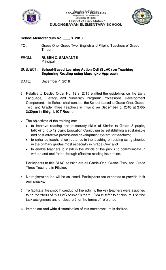 (DOC) SUBJECT: School-Based Learning Action Cell (SLAC) on Teaching ...
