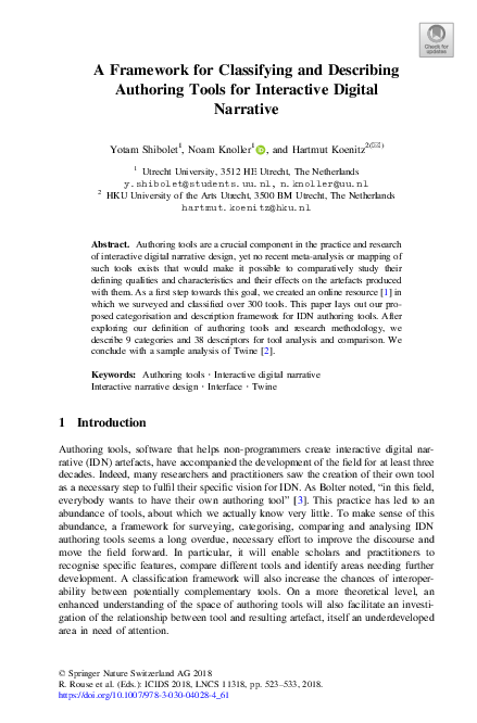(PDF) A Framework for Classifying and Describing Authoring Tools for Interactive Digital Narrative